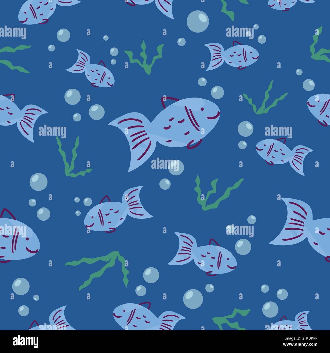 Aquatic seamless pattern with hand drawn fish and little seaweeds on a ...