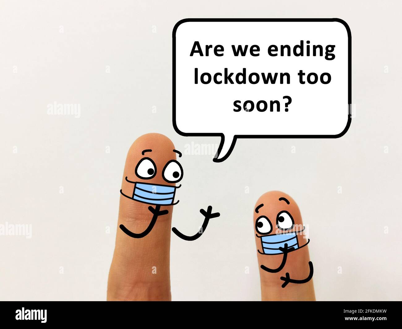 Two fingers are decorated as two person. One of them is asking another ...