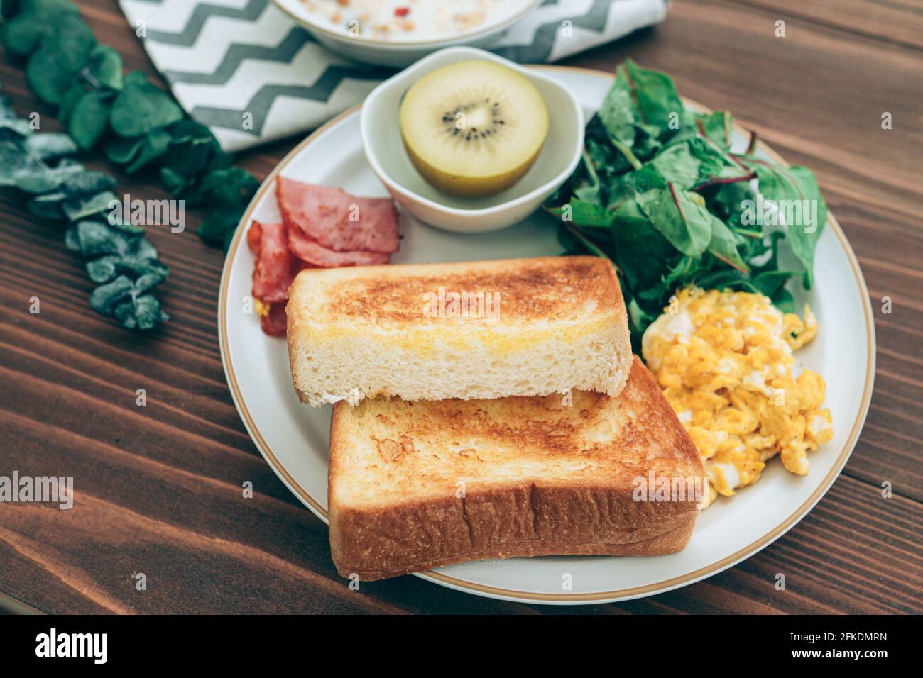 Breakfast image, toast bread with bacon and scrambled egg, comes with ...
