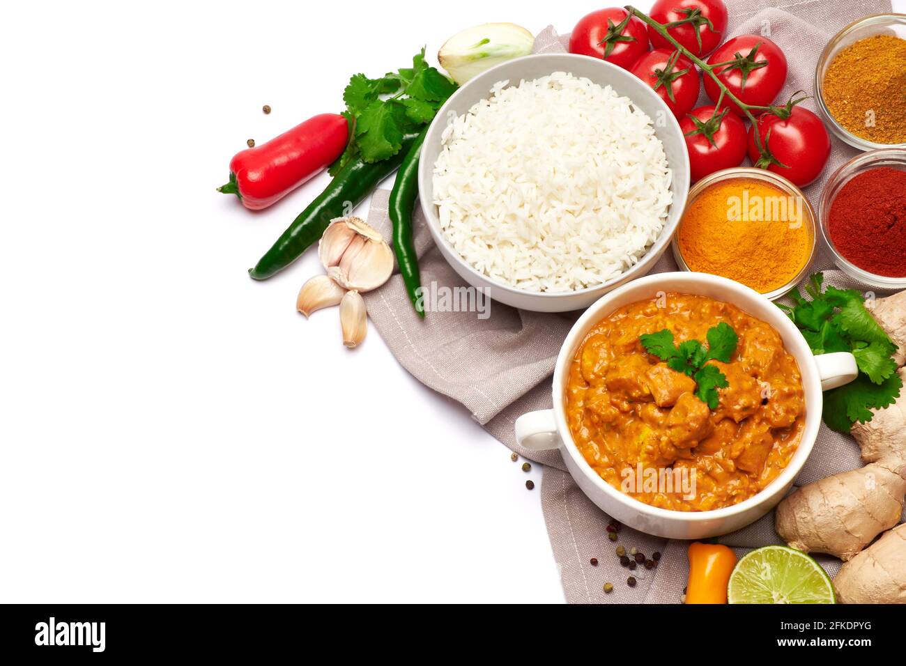 Plate of Traditional Chicken Curry and set of spices on white ...