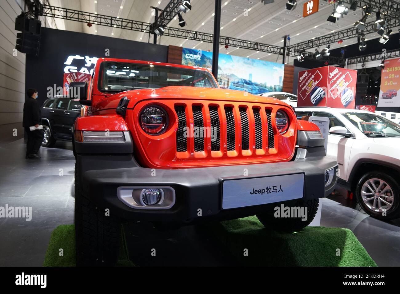 XI'AN, CHINA - APRIL 30, 2021 - Visitors look at a jeep car at the Xi ...