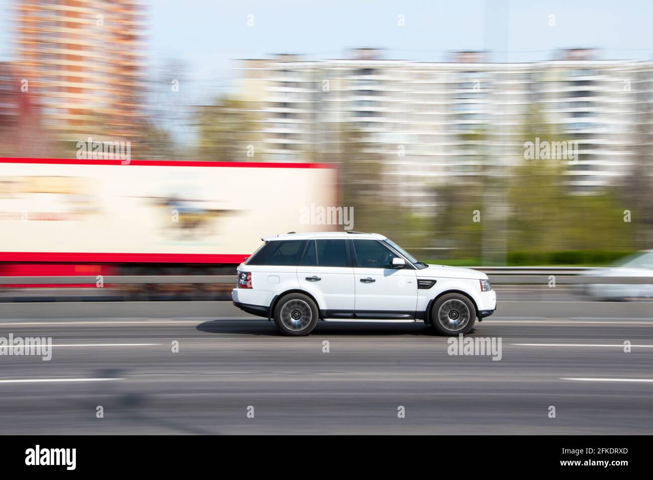 Ukraine, Kyiv - 20 April 2021: White Land Rover Range Rover Sport car ...