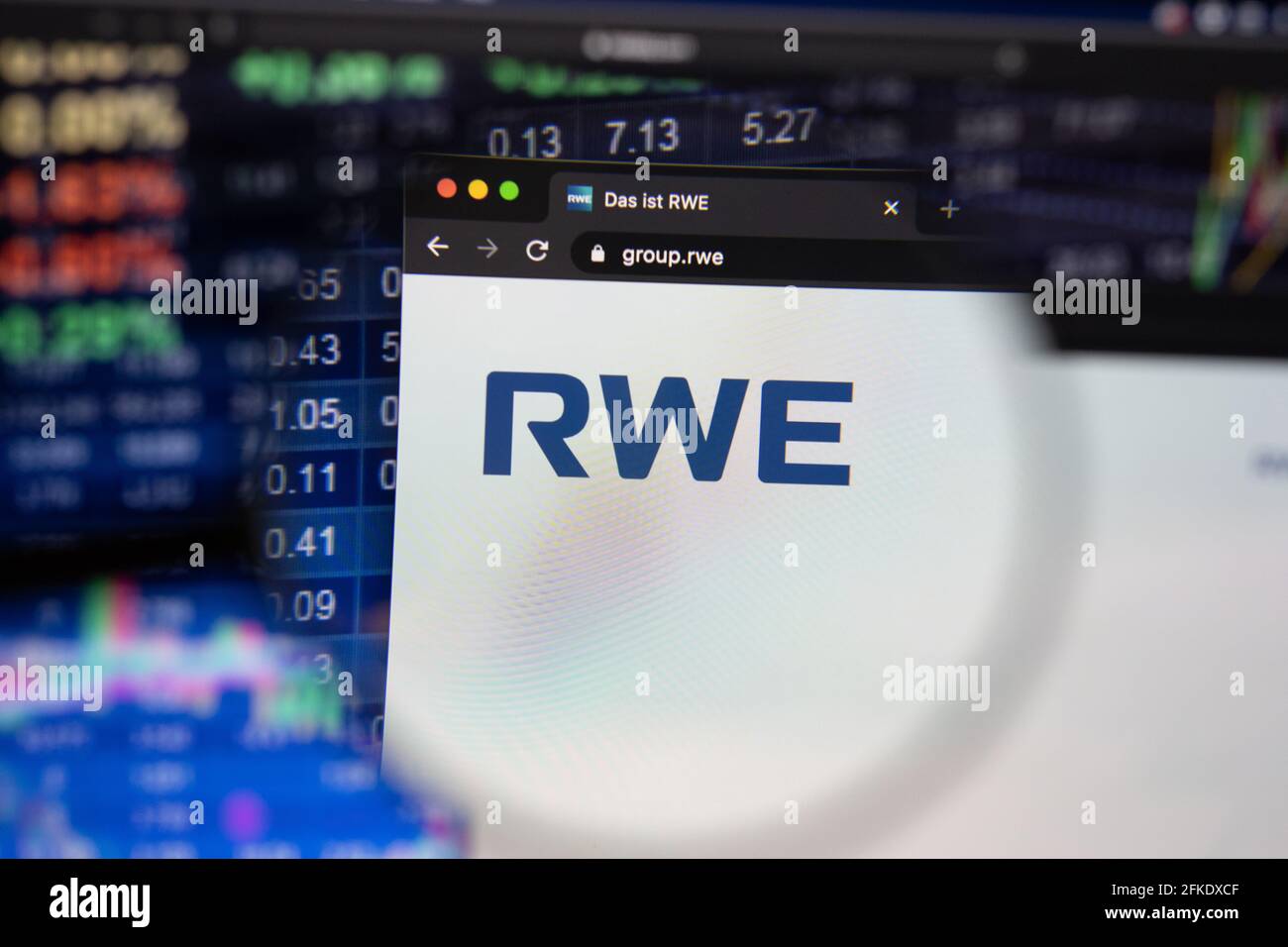 RWE company logo on a website with blurry stock market developments in ...