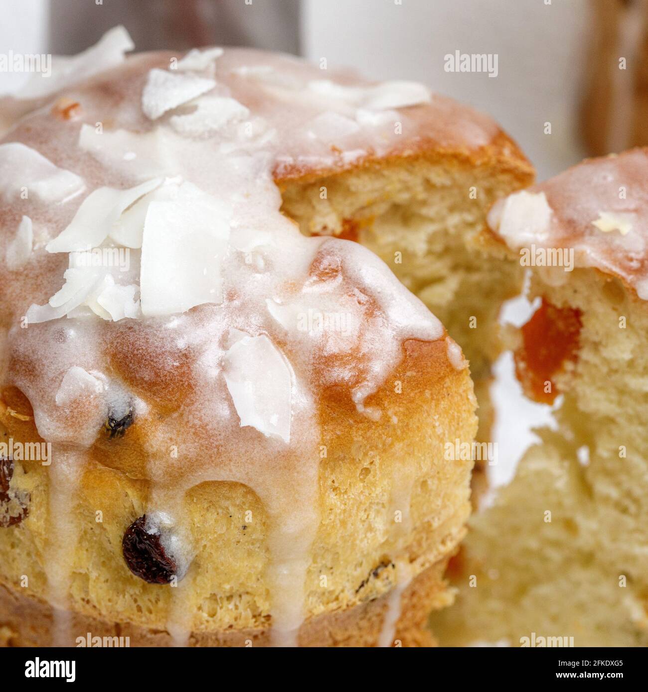 Easter cakes with icing. Sweet bread with raisins and apricots ...