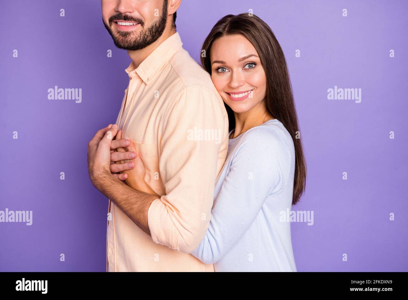 Profile side photo of positive young spouses woman hold hands man chest ...
