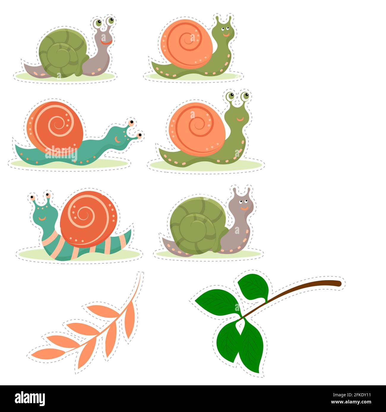Set stickers cute snail cartoon, isolated on white background. Vector ...