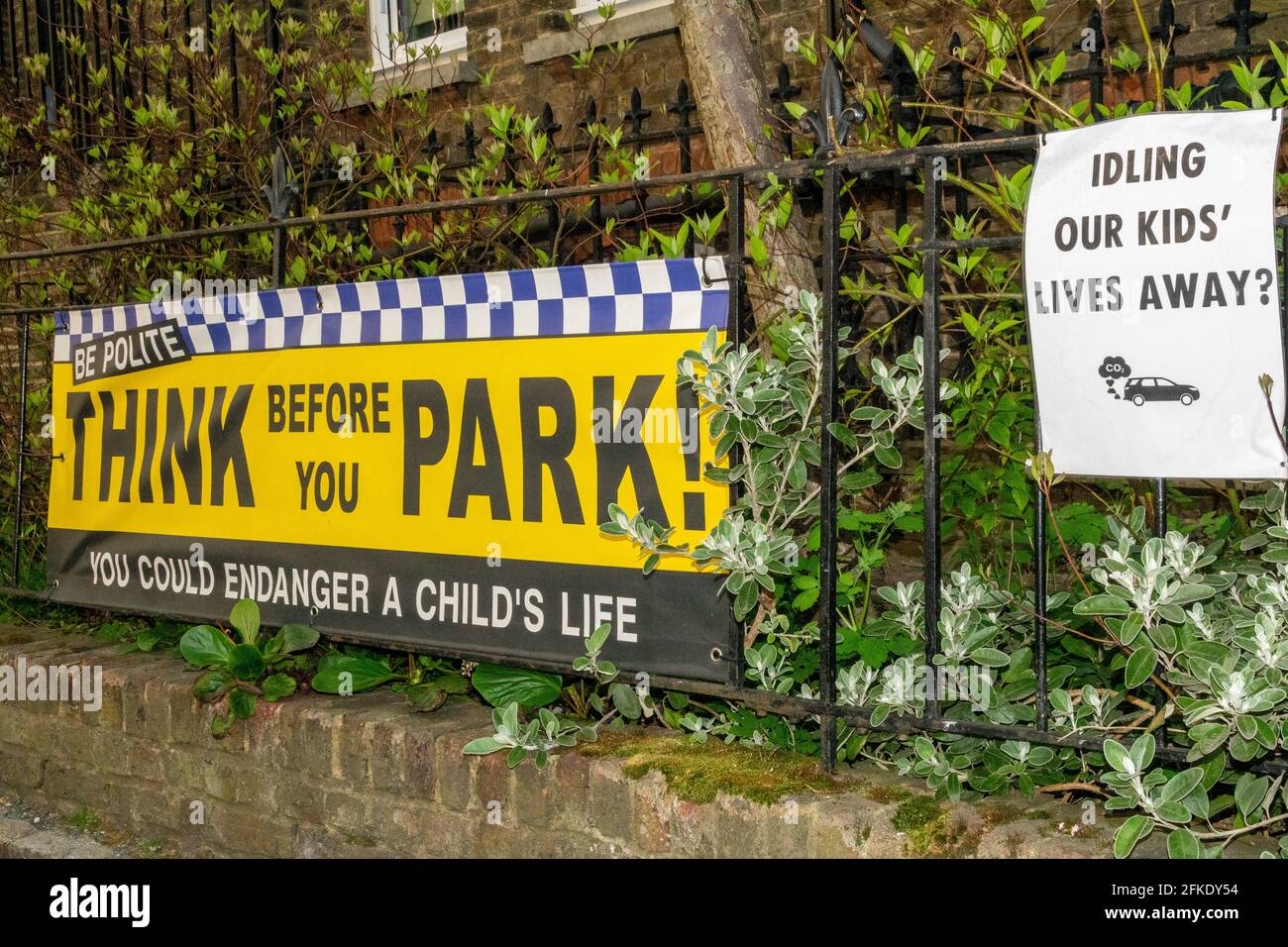 Signs outside a primary school in London warning drivers of he danger ...