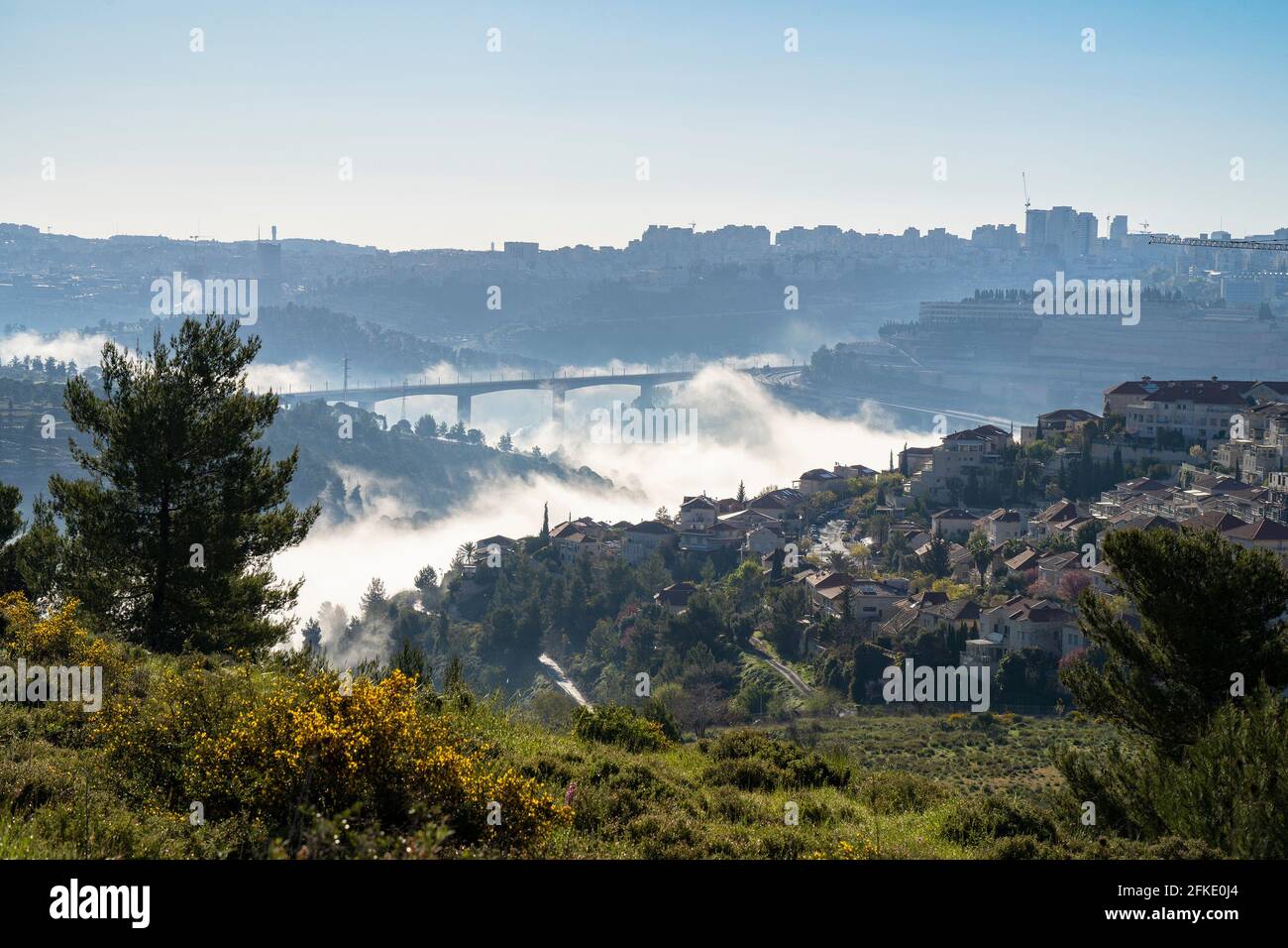 Fog accumulated in ravines around Jerusalem, Israel, on a cool, hazy ...