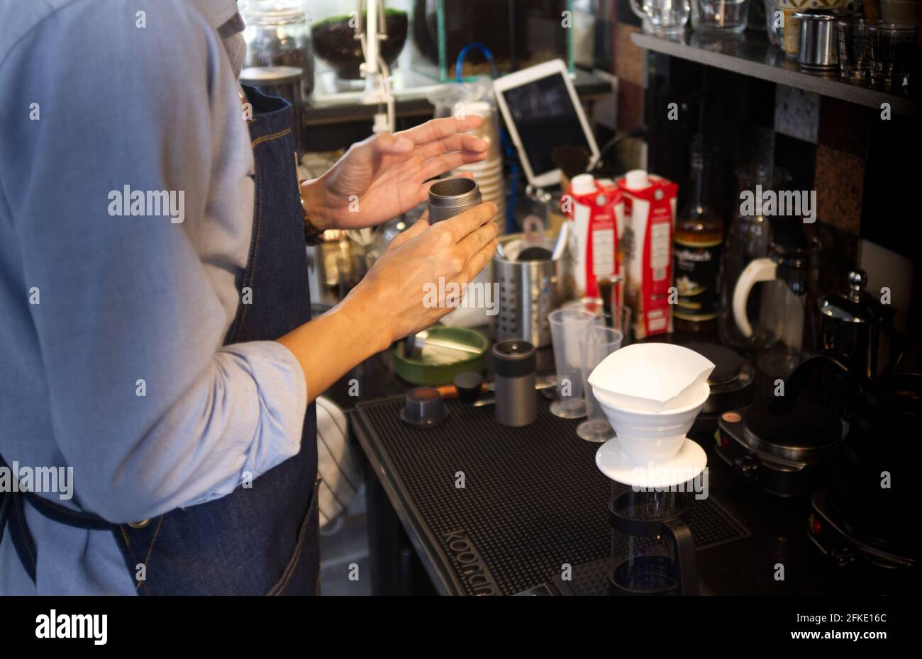 Barista making coffee , bartender preparing coffee drink Stock Photo ...