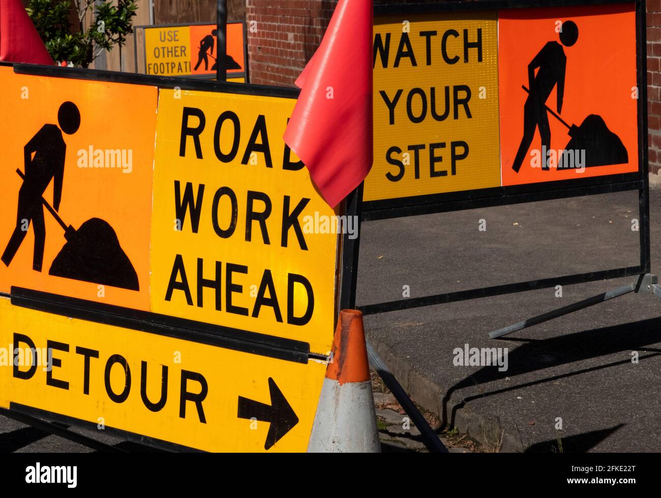 Public signs indicating roadworks in Clifton Hill, Victoria, Australia ...