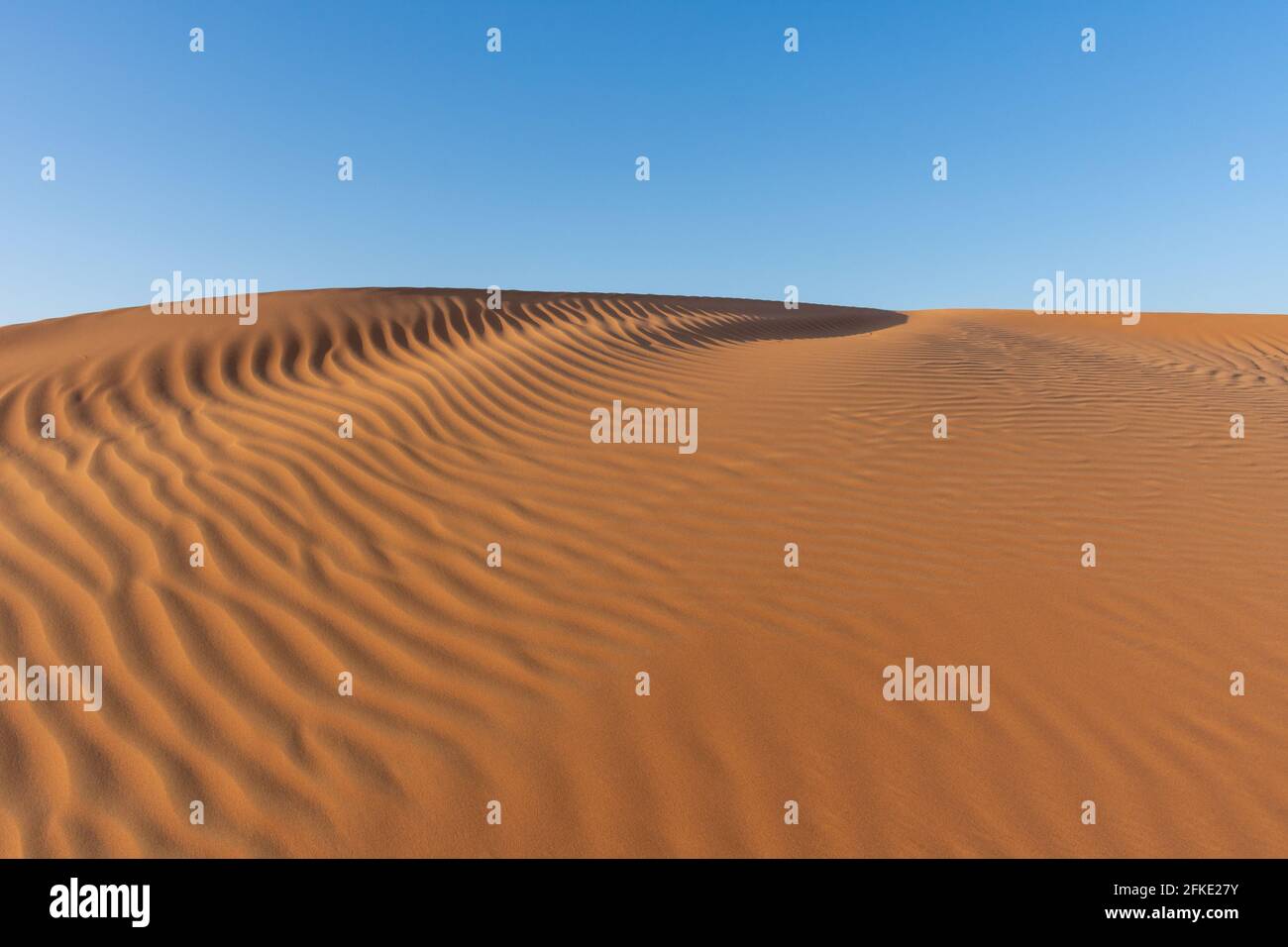 Sunset in the desert across circular textured and patterned ridge ...