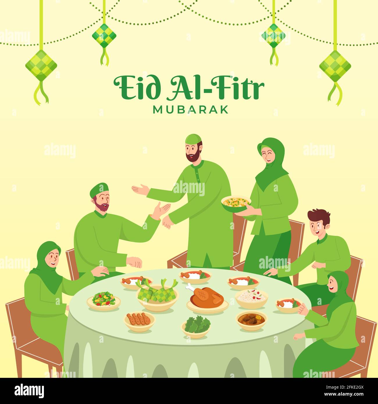 Happy eid al Fitr Greeting card. muslim family having dinner together ...
