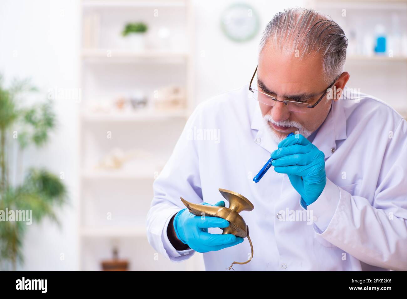 Old male archaeologist working in the lab Stock Photo - Alamy