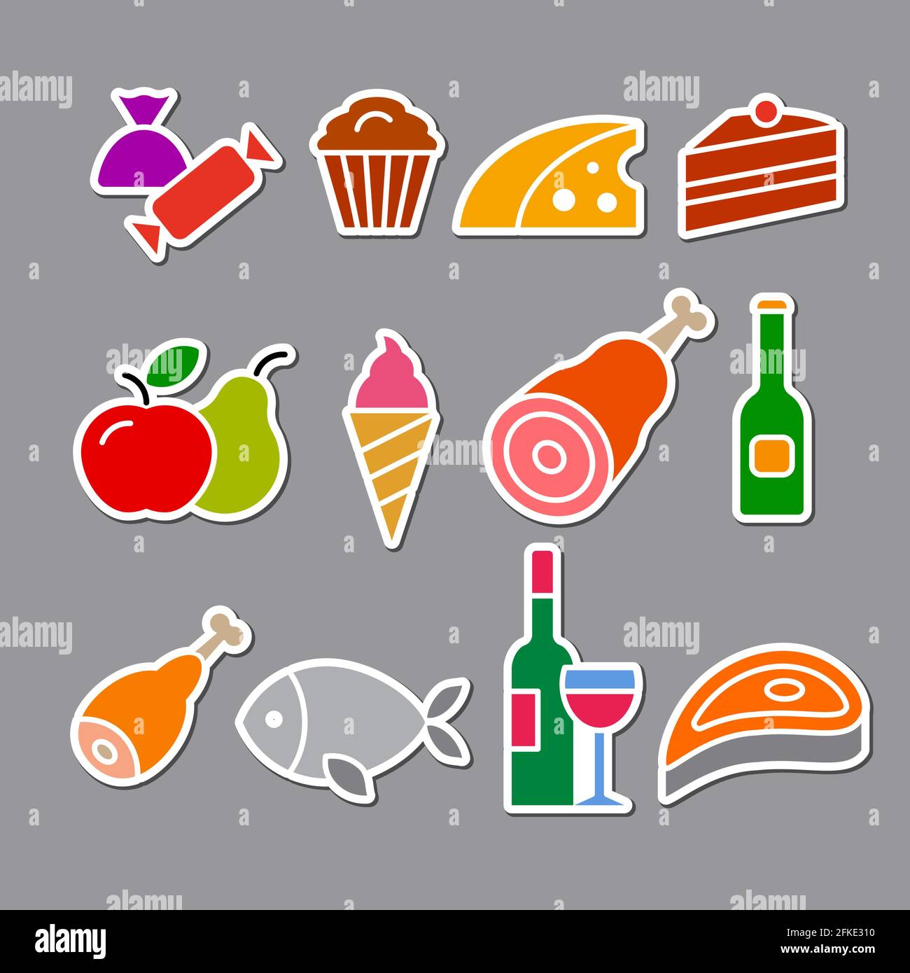 colorful illustration of a set of food and grocery stickers Stock ...