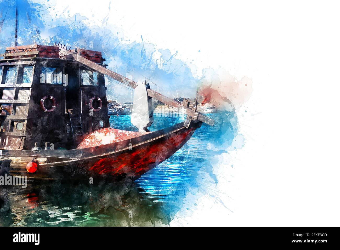 Watercolor drawing, illustration. View of two boats and a river, in the ...