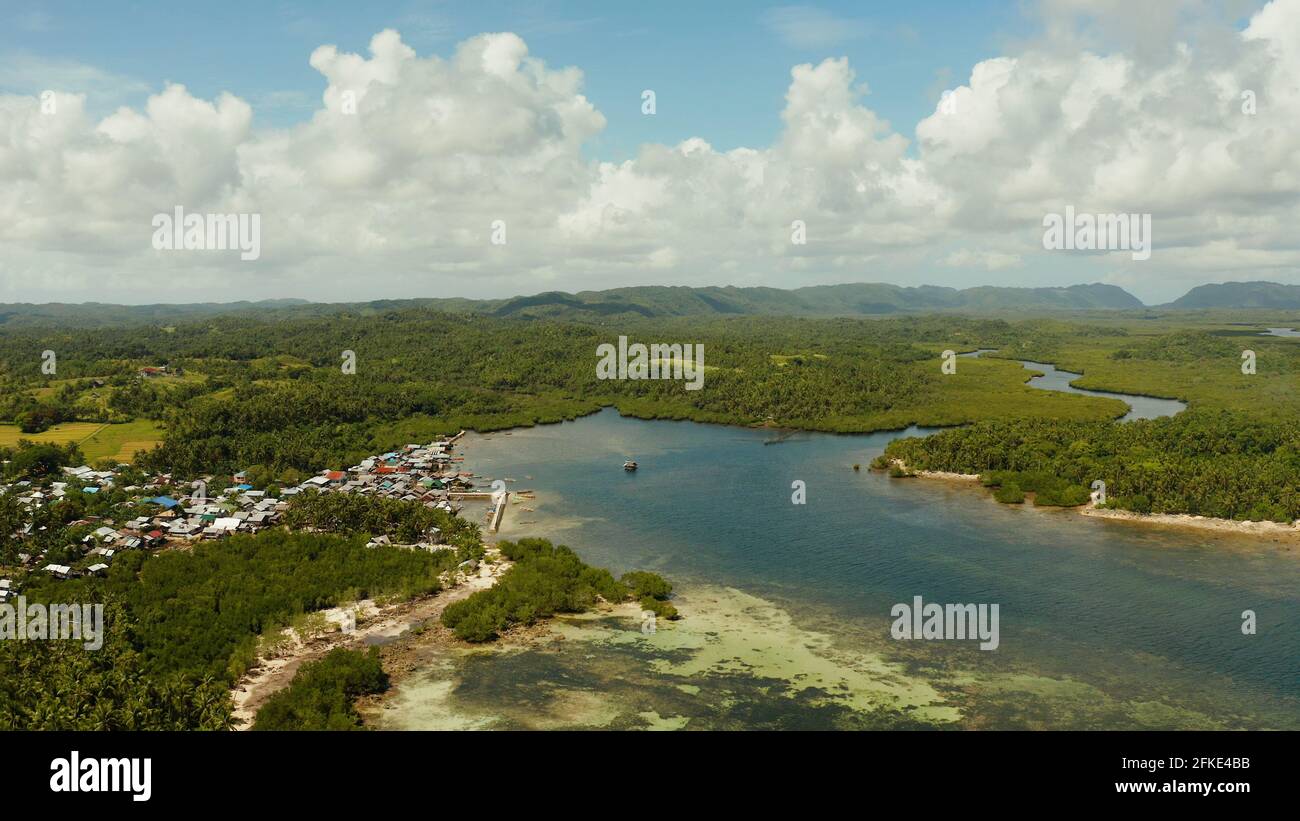 Town in wetlands and mangroves on the ocean coastline from above ...