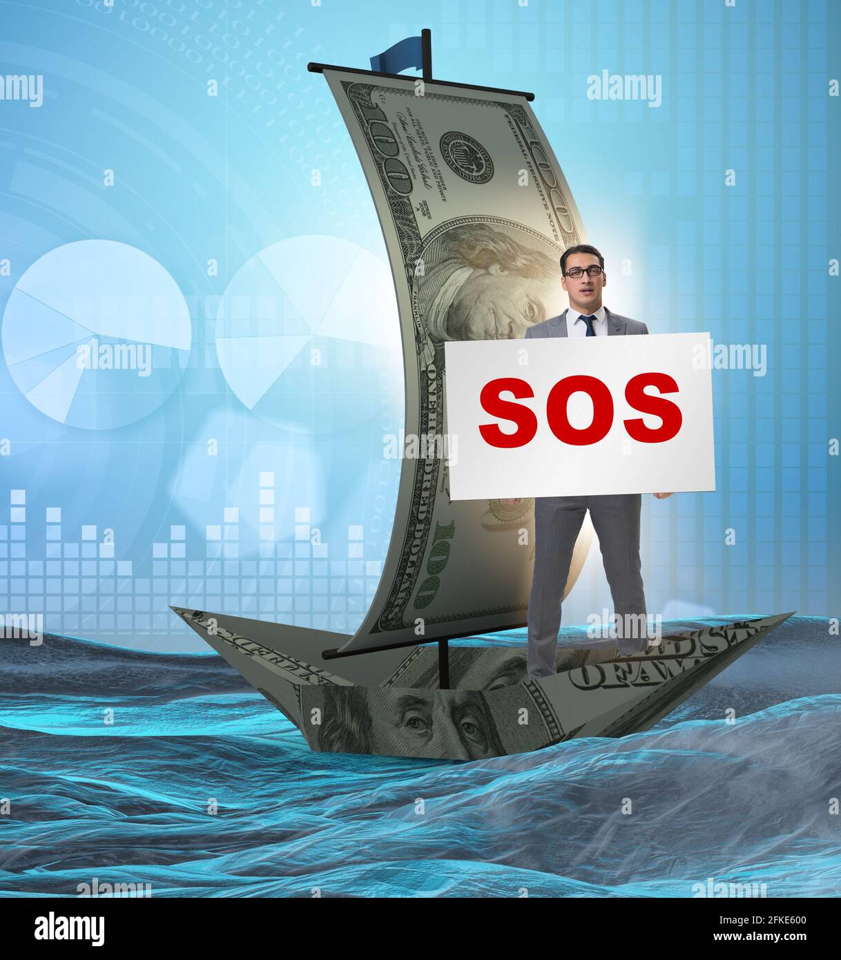 The businessman asking for help with sos message on boat Stock Photo ...
