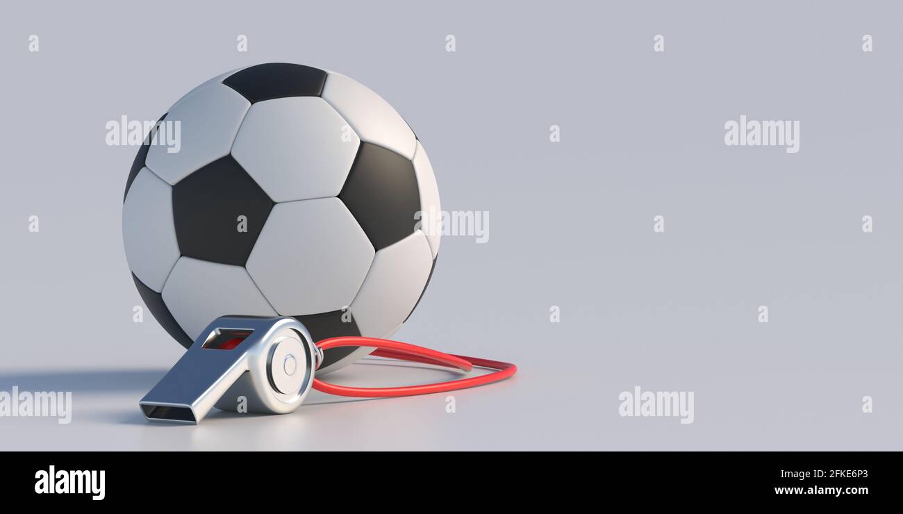 Referee whistle and soccer ball isolated on white background. Football ...