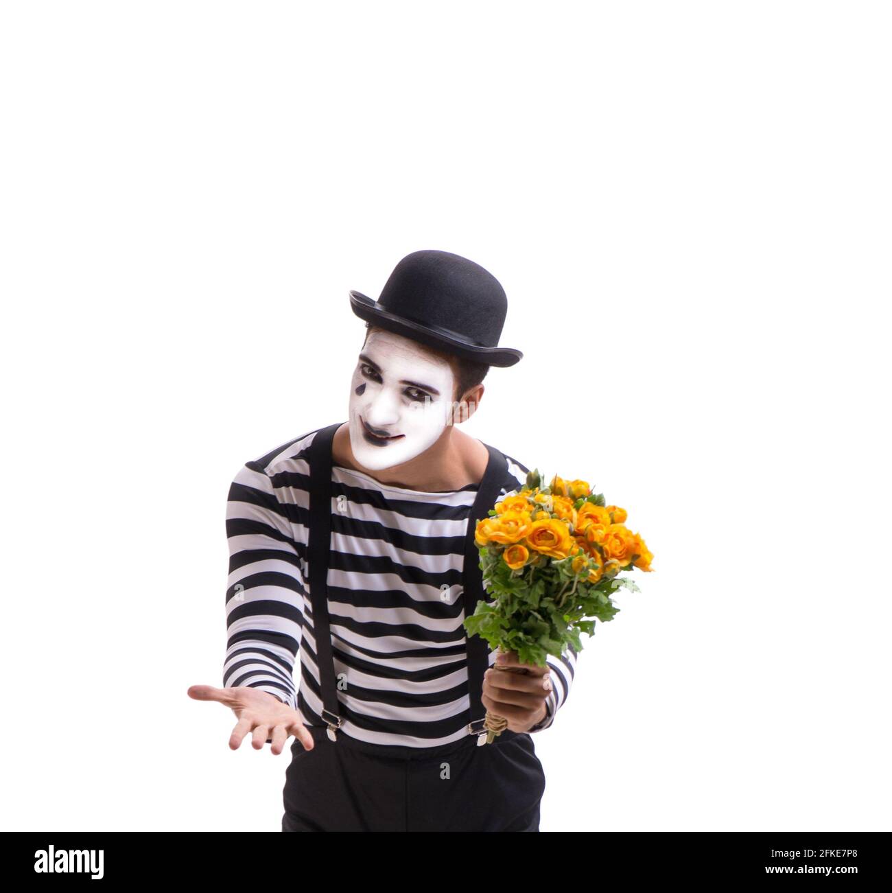 The mime with bunch of flowers isolated on white Stock Photo - Alamy