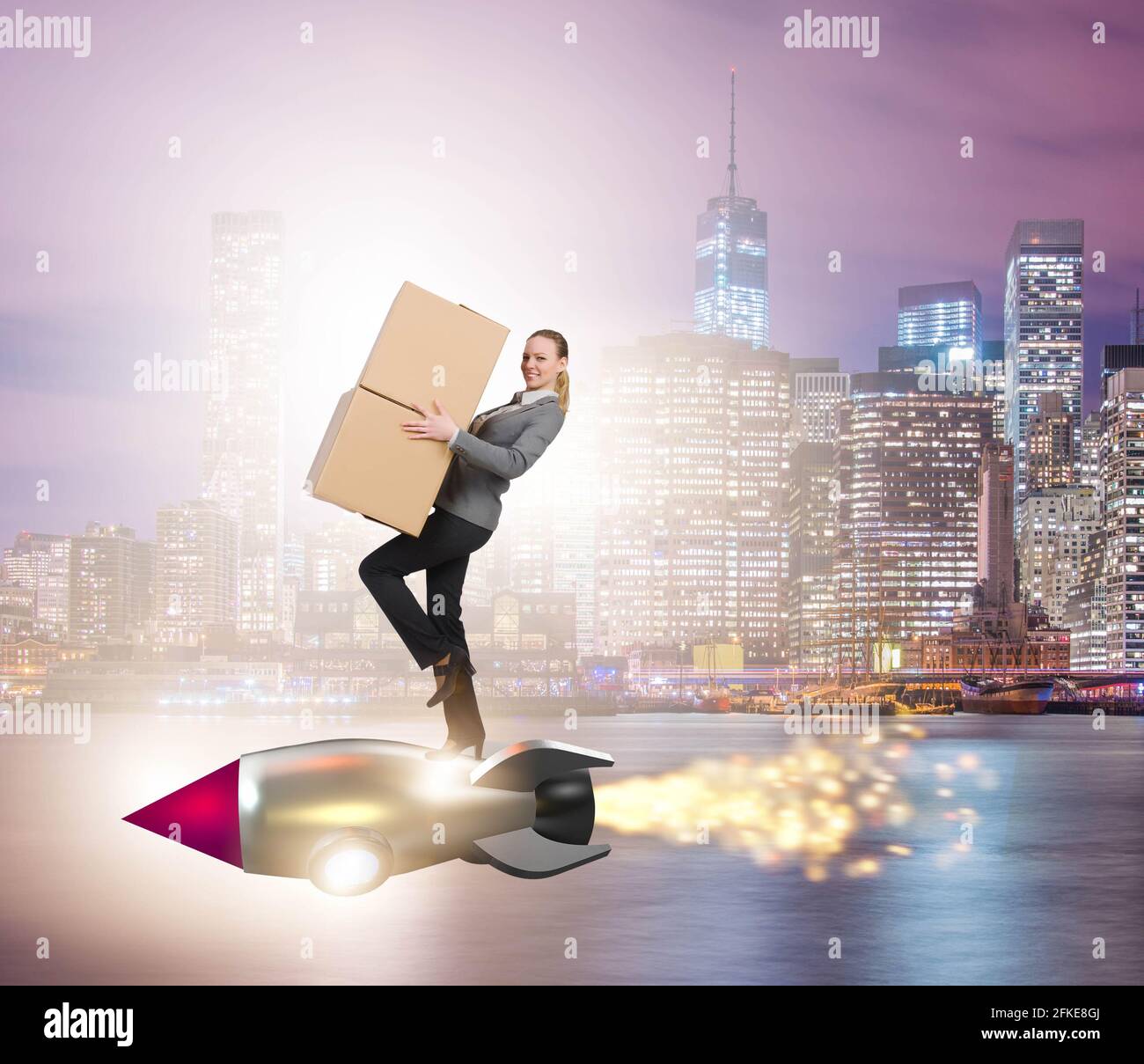 The woman flying rocket and delivering boxes Stock Photo - Alamy