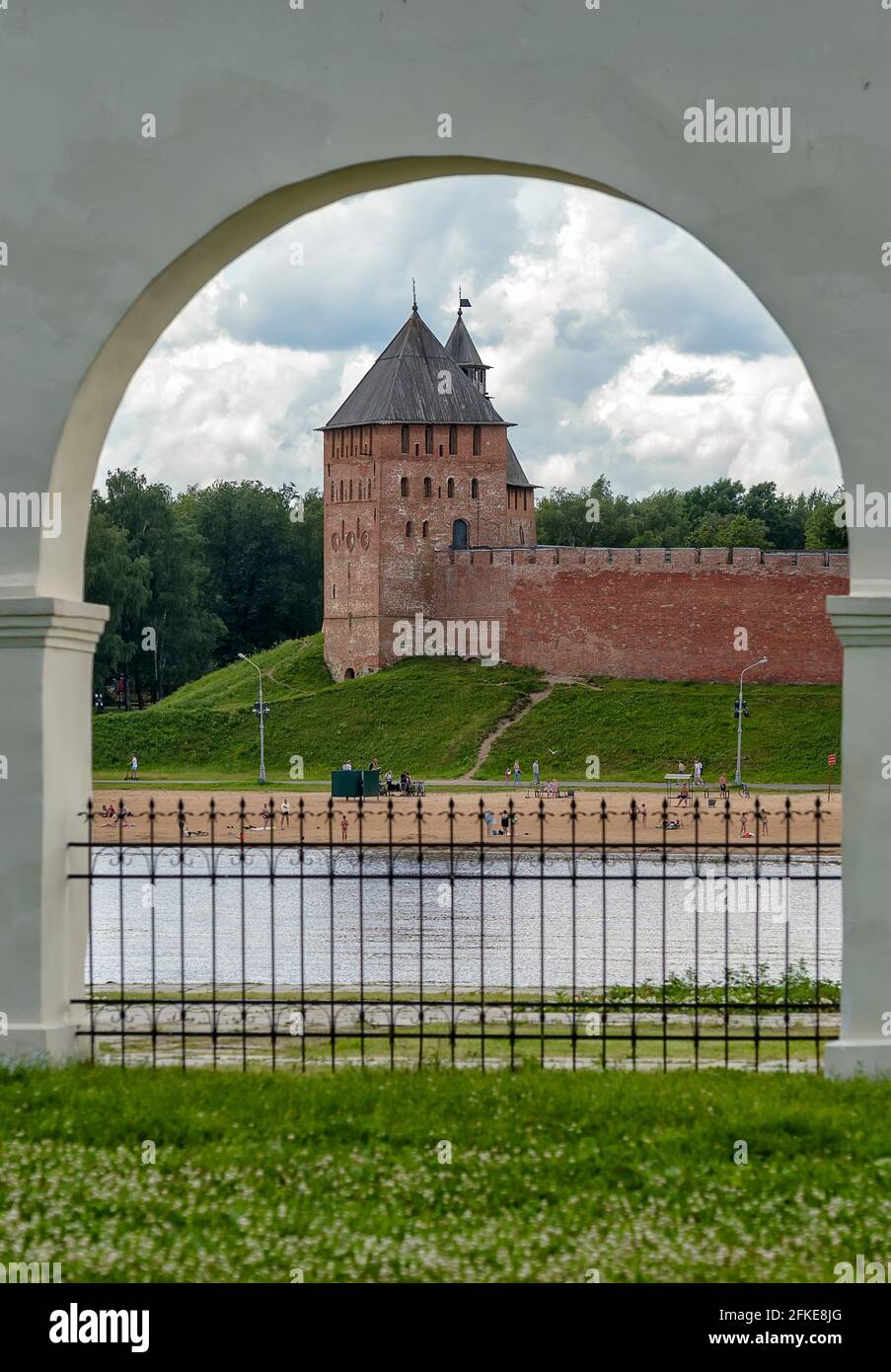 View of the Palace and Spa Towers of the Kremlin of Veliky Novgorod from the right bank of the ...