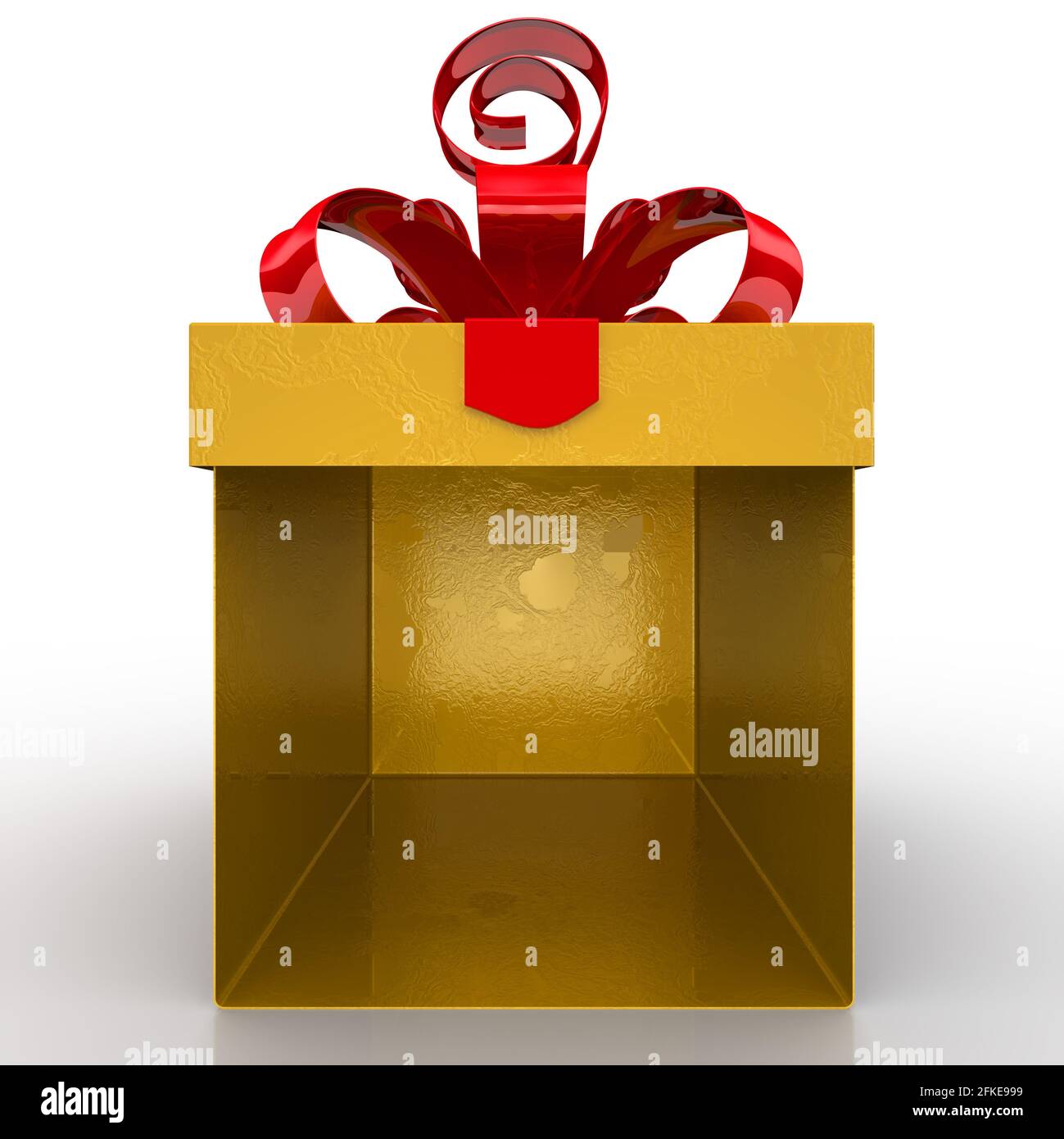 One open gift box. An empty open golden gift box with red ribbon lies ...
