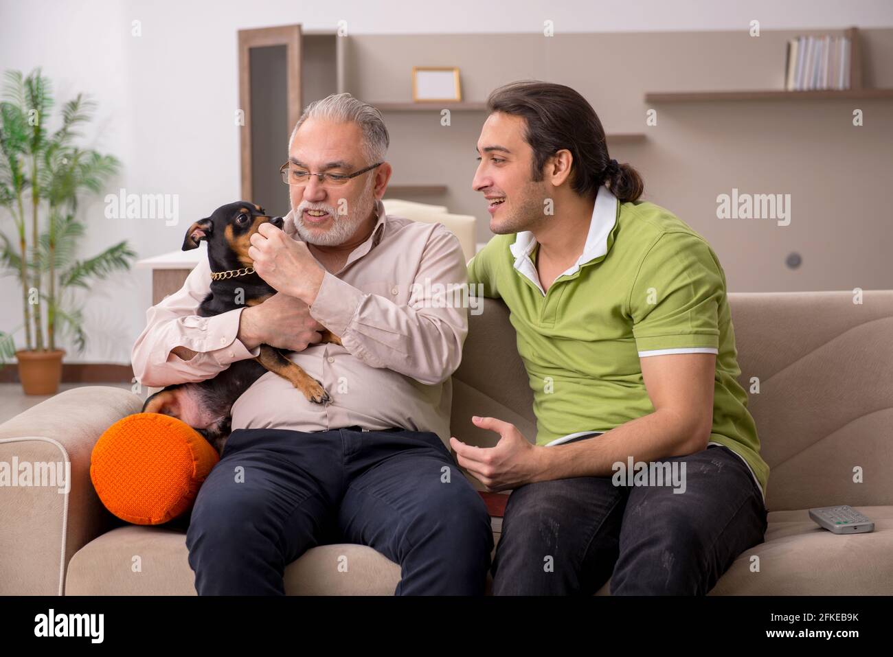 Two men with dog in the room Stock Photo - Alamy
