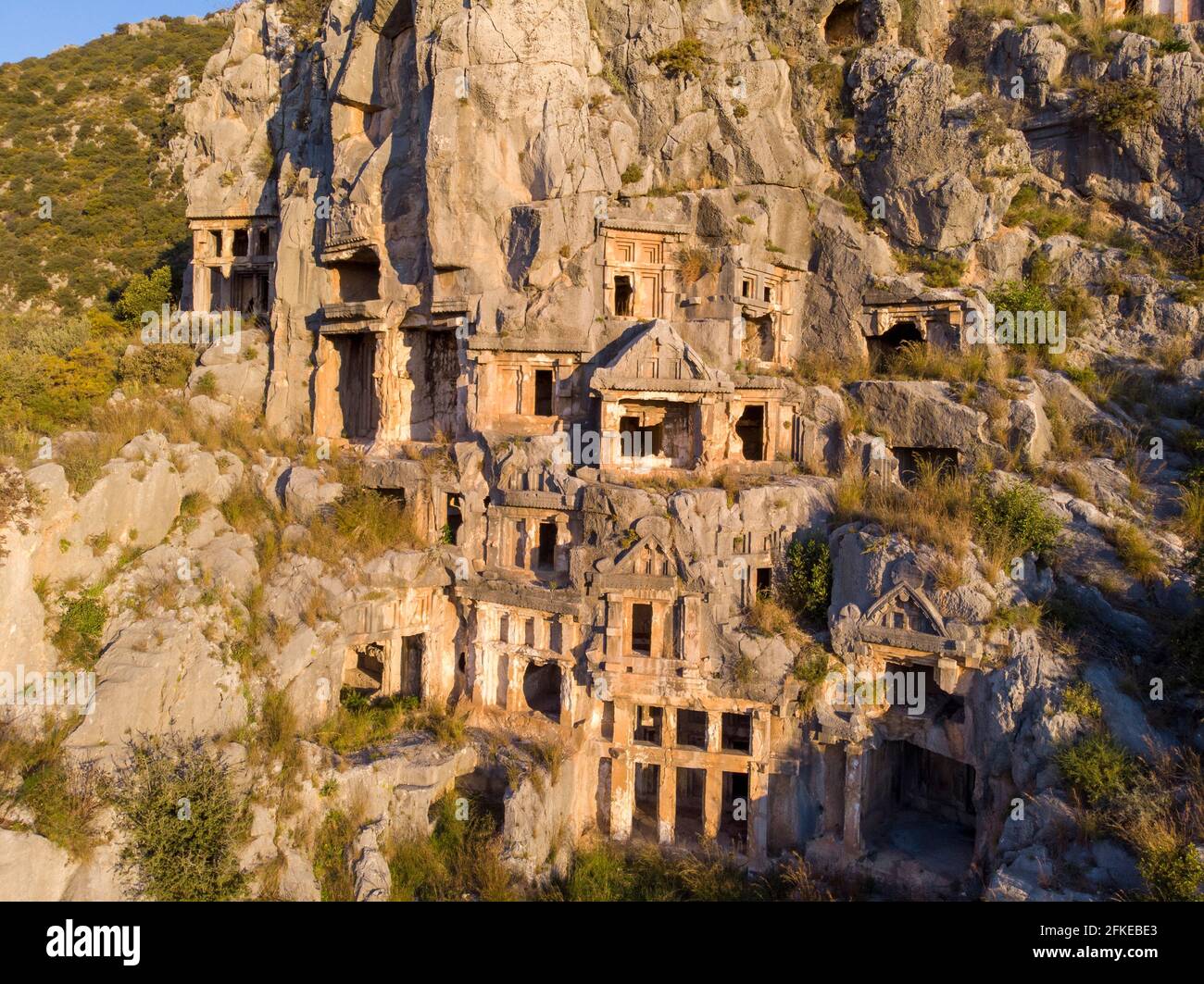 Aerial Shot Archeological remains of the Lycian rock cut tombs in Myra ...