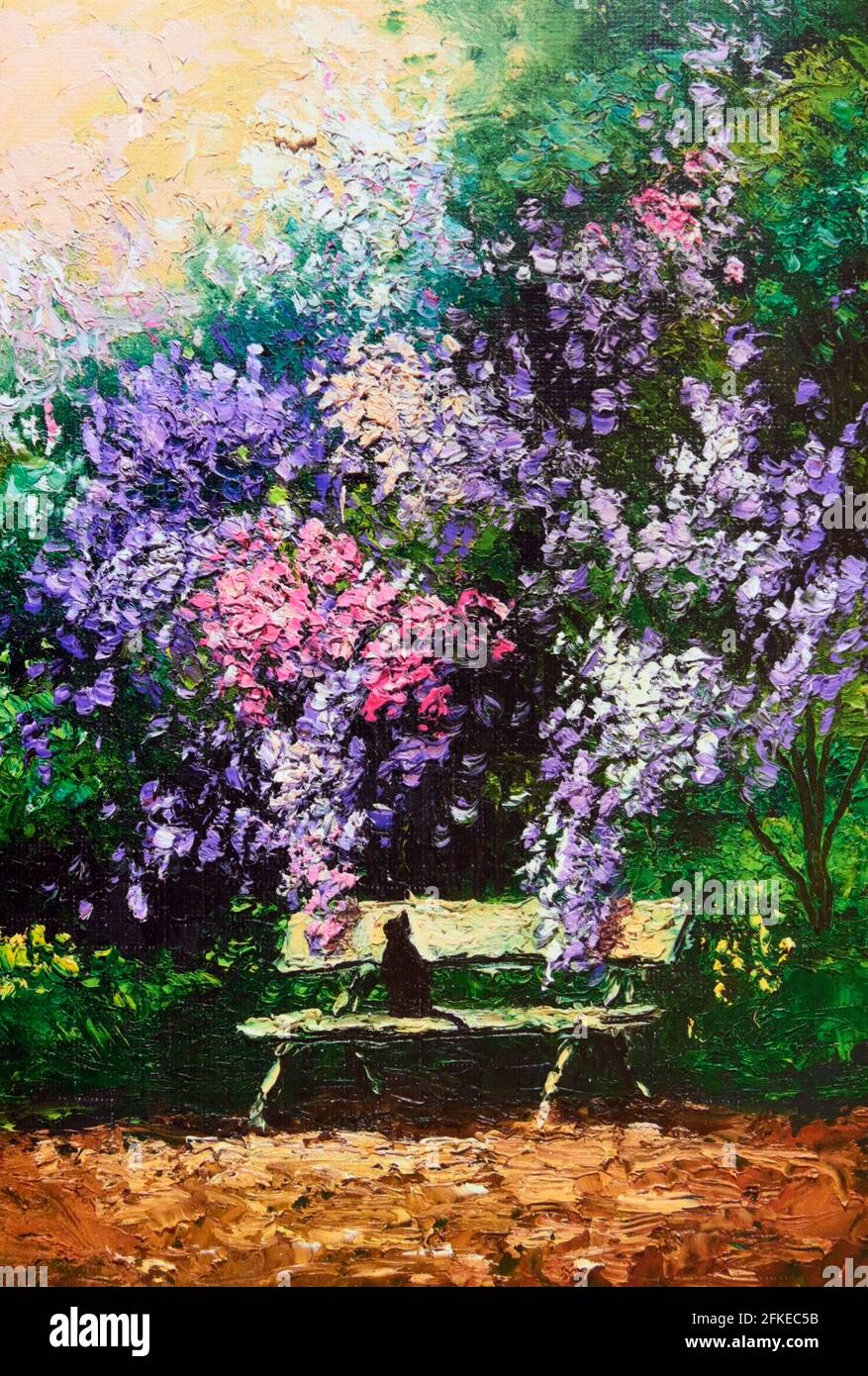 Illustration. Park bench with cat Stock Photo - Alamy