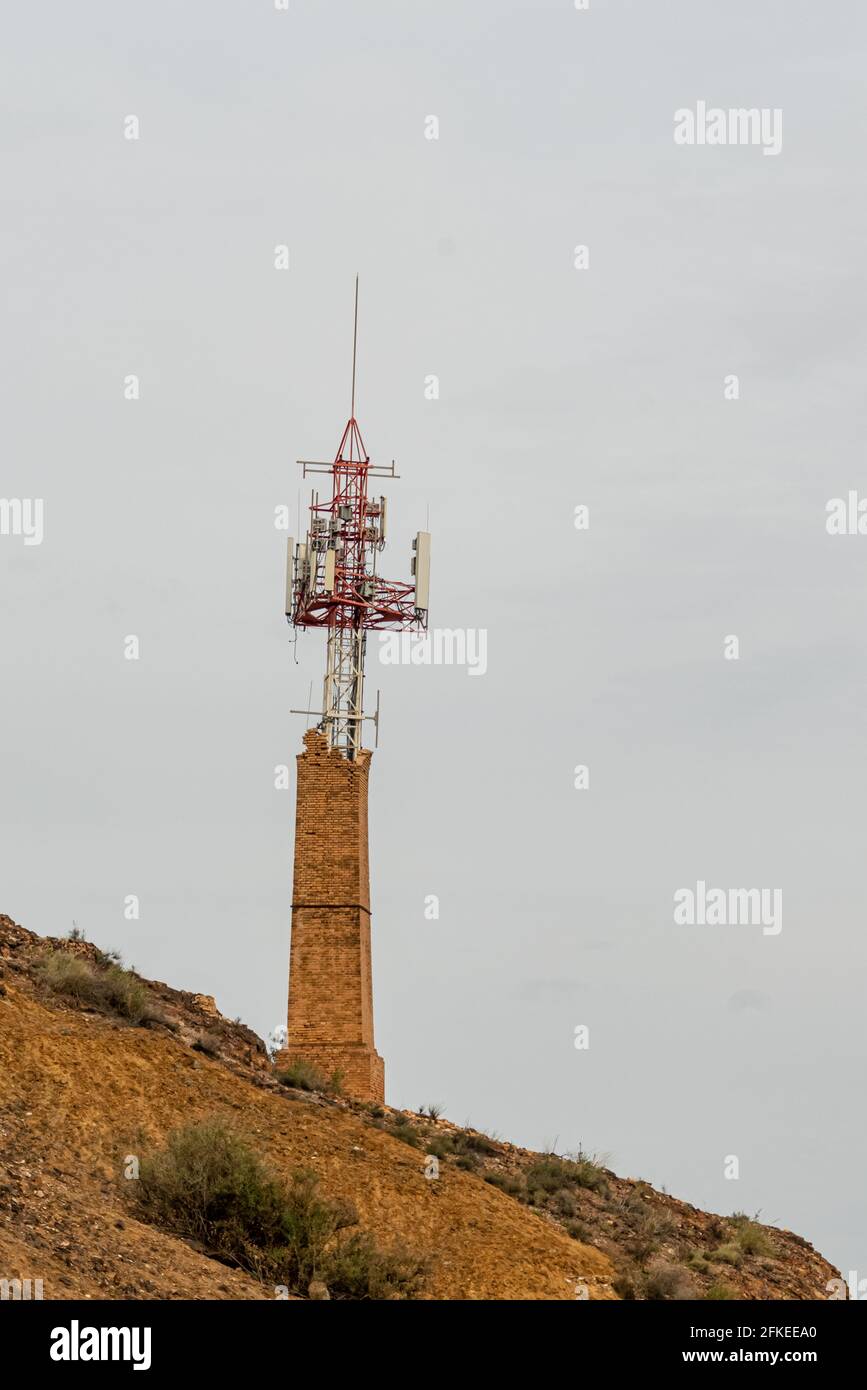 Old tower and telephone tower in the Abandoned Mines of Mazarrón ...