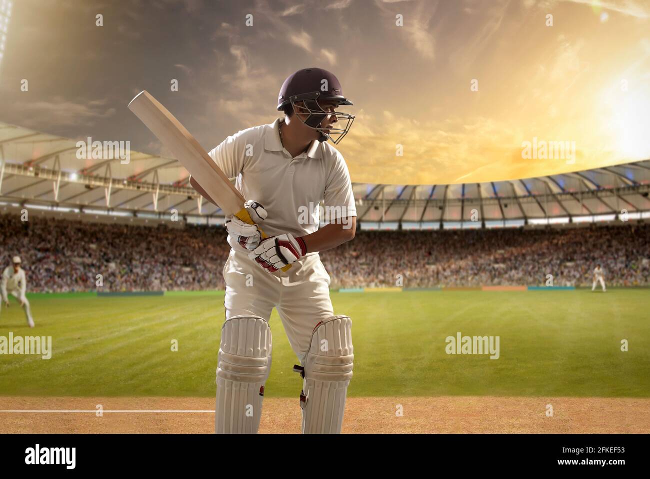 Cricketer, batsman ready to face the ball on the stadium Stock Photo ...