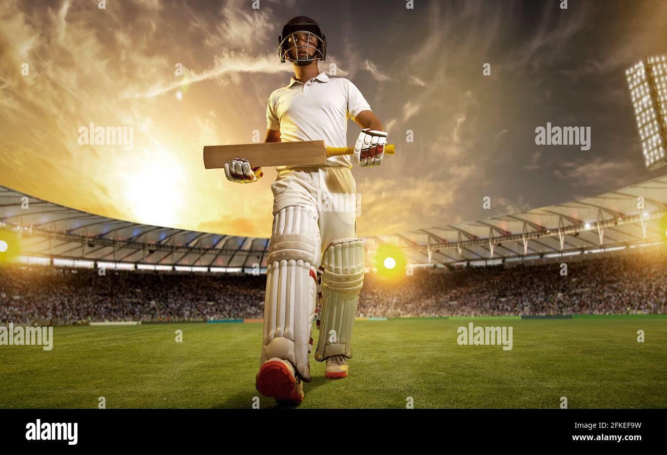 Cricketer, Batsman walking in to the field during a match Stock Photo ...