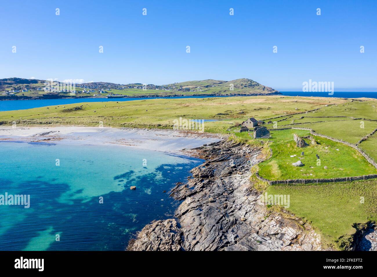 Aerial view of Inishkeel Island by Portnoo in County Donegal, Ireland ...