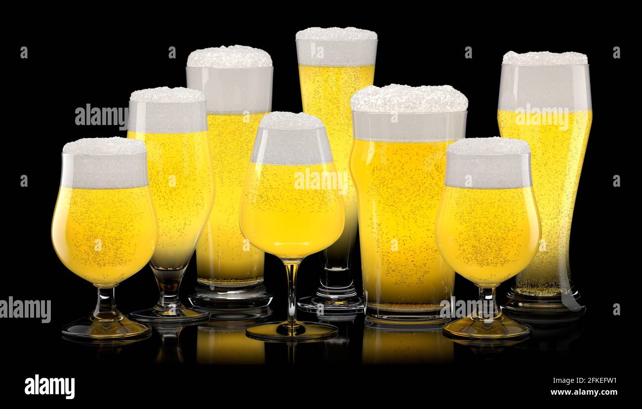Set of fresh draft beer glasses with bubble froth isolated on black ...