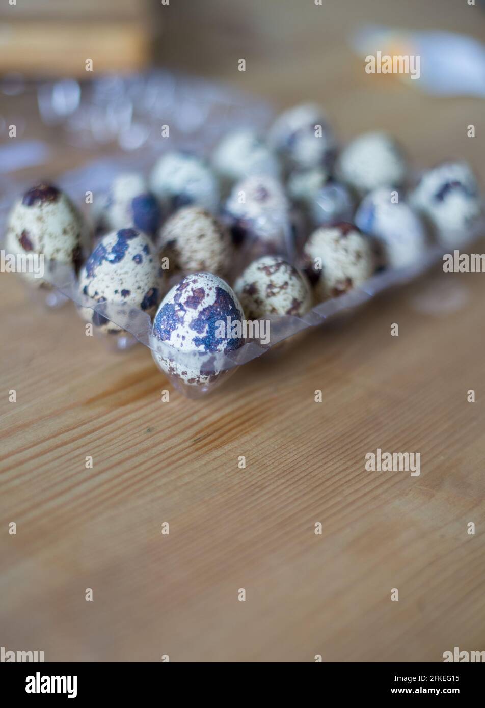 Vertical shot of quail eggs in a box Stock Photo - Alamy