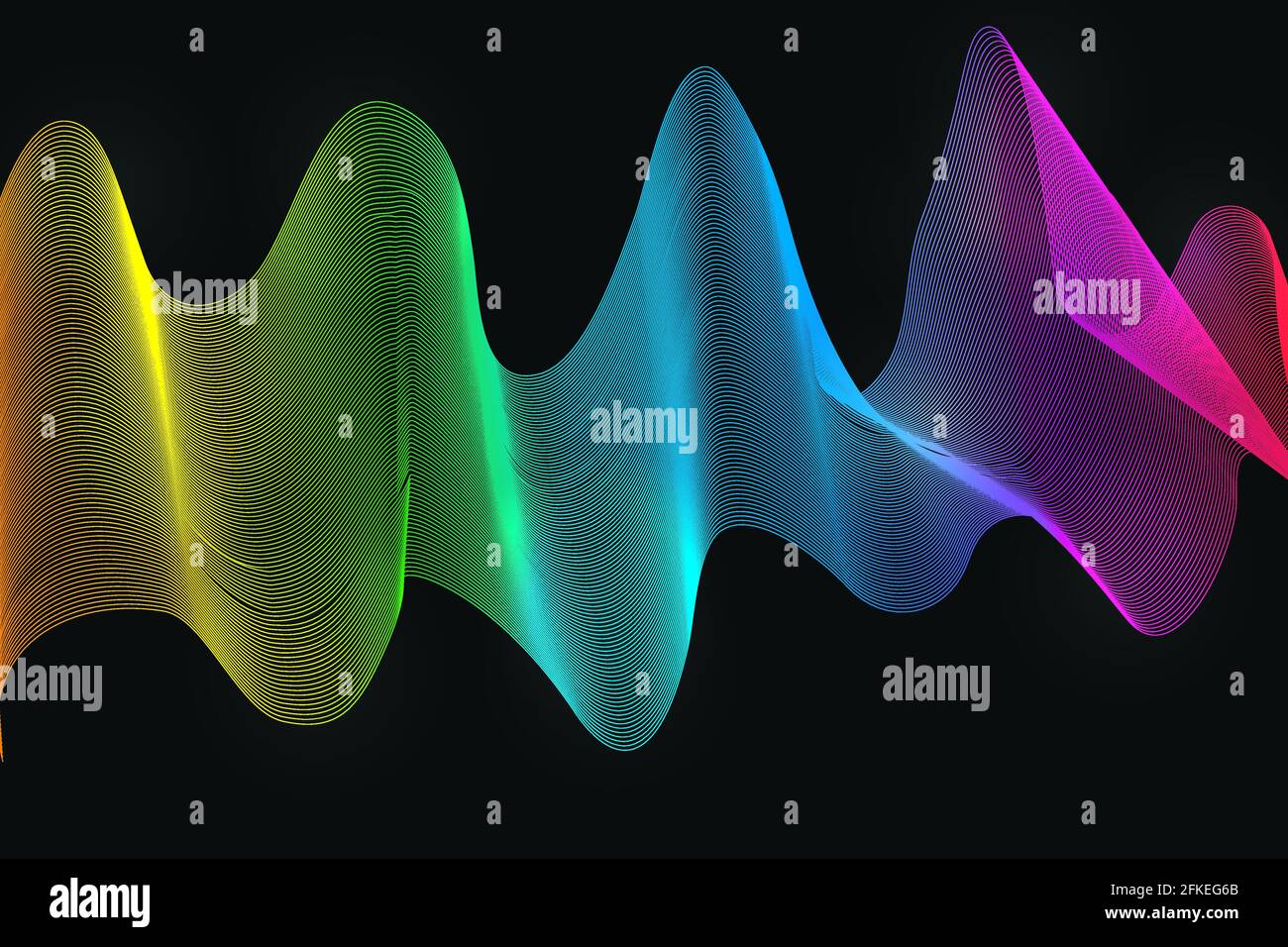 Colorful bright wavy lines on a dark background. Abstract rainbow wave ...