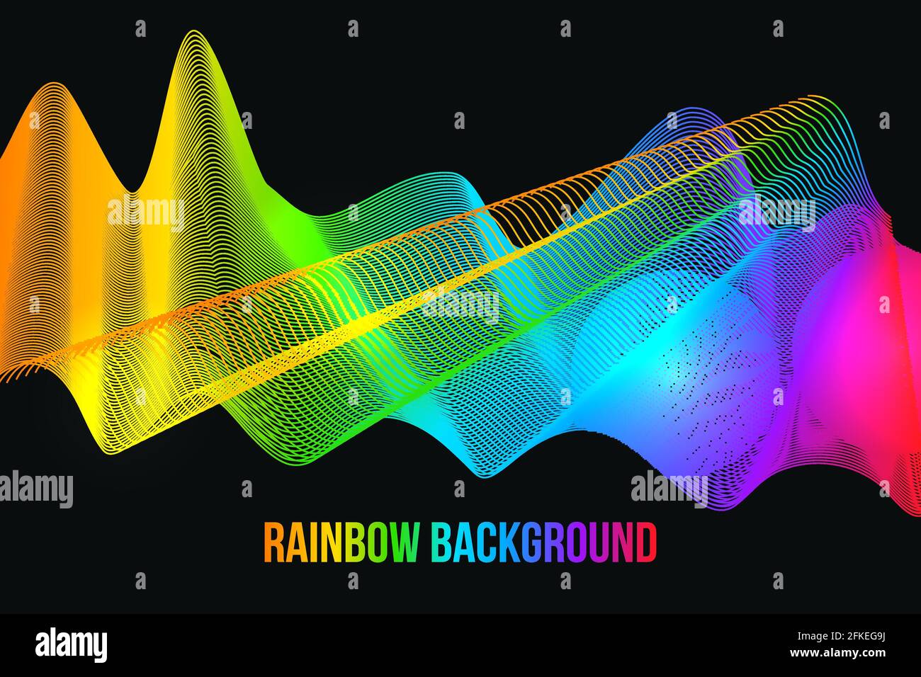 Colorful bright wavy lines on a dark background. Abstract rainbow wave ...