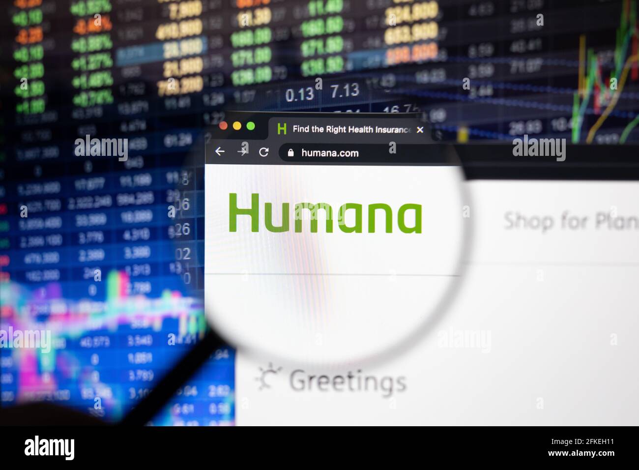 Humana company logo on a website with blurry stock market developments ...