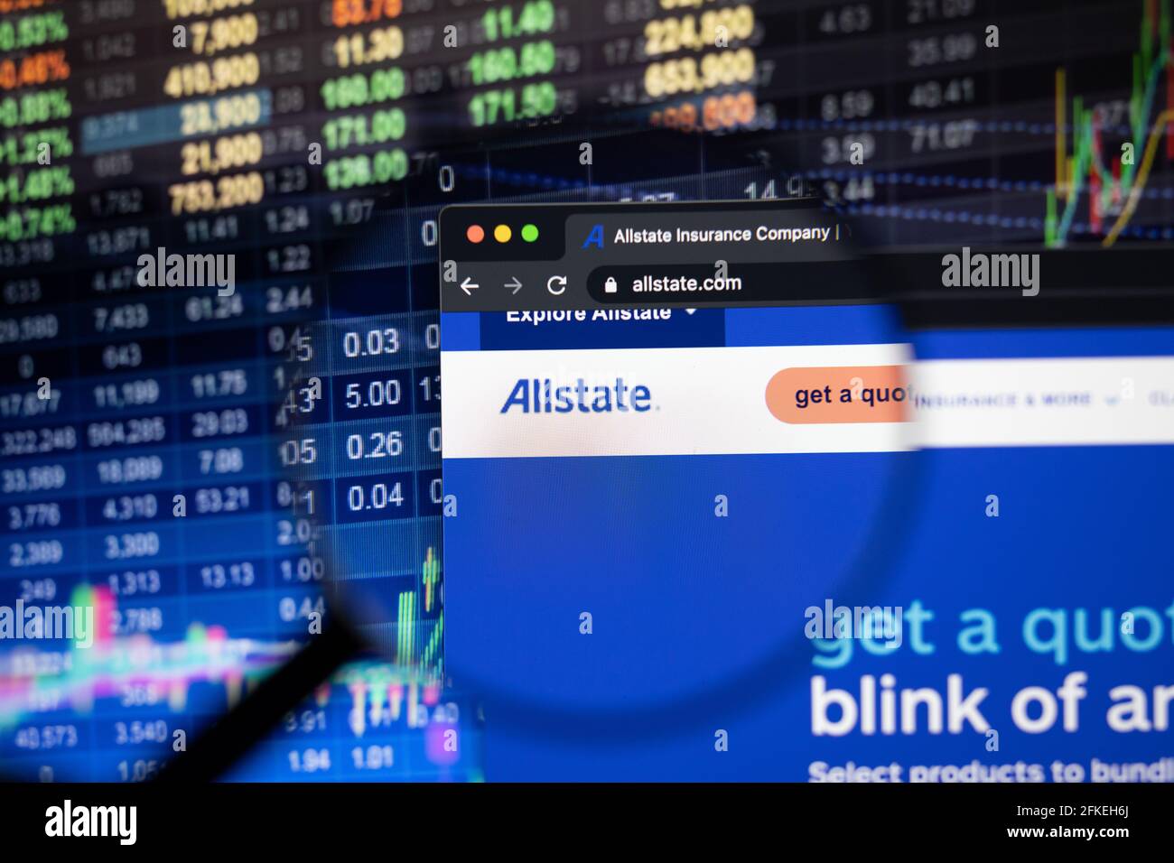 Allstate company logo on a website with blurry stock market ...