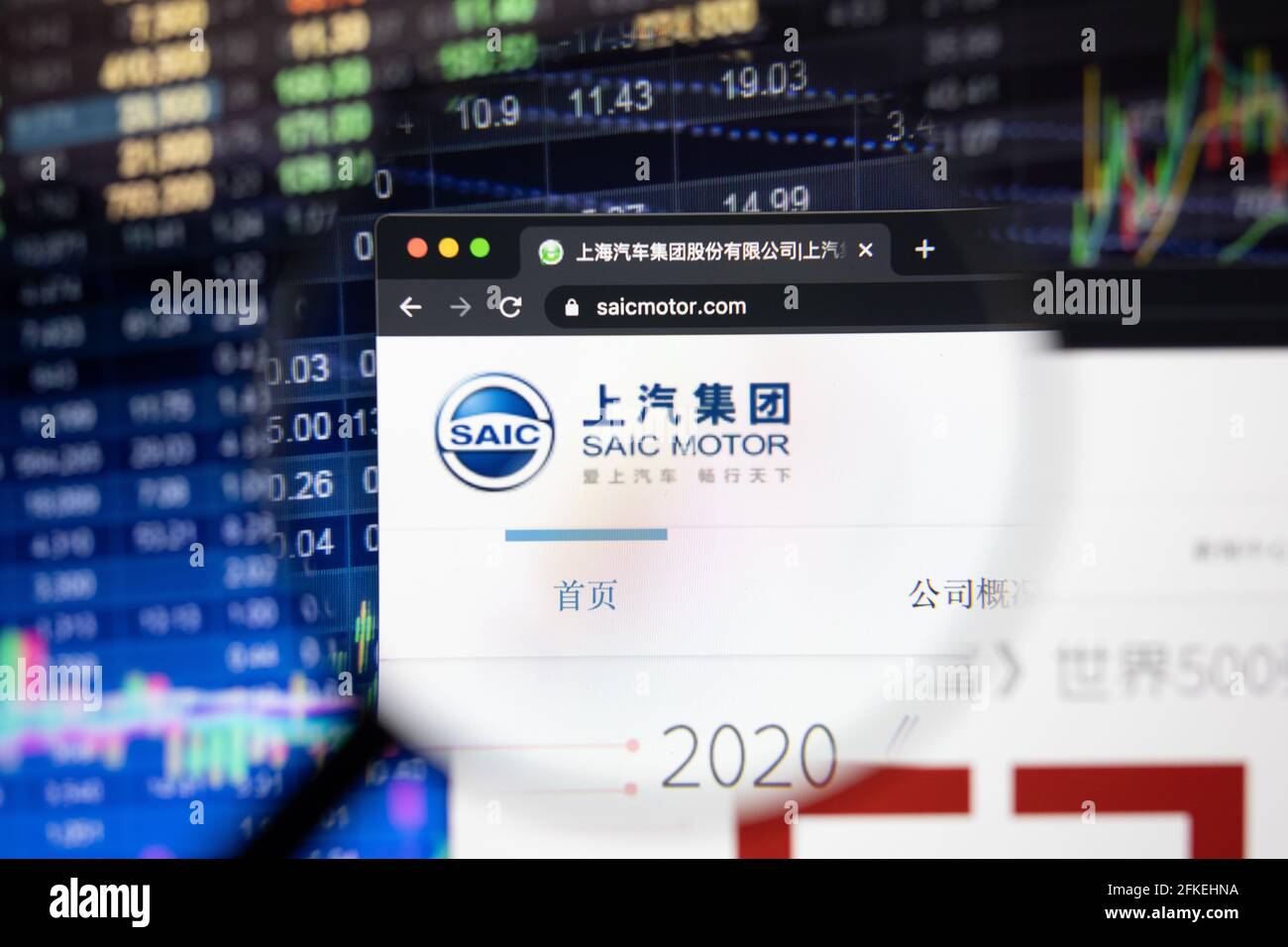 SAIC Motor company logo on a website with blurry stock market ...