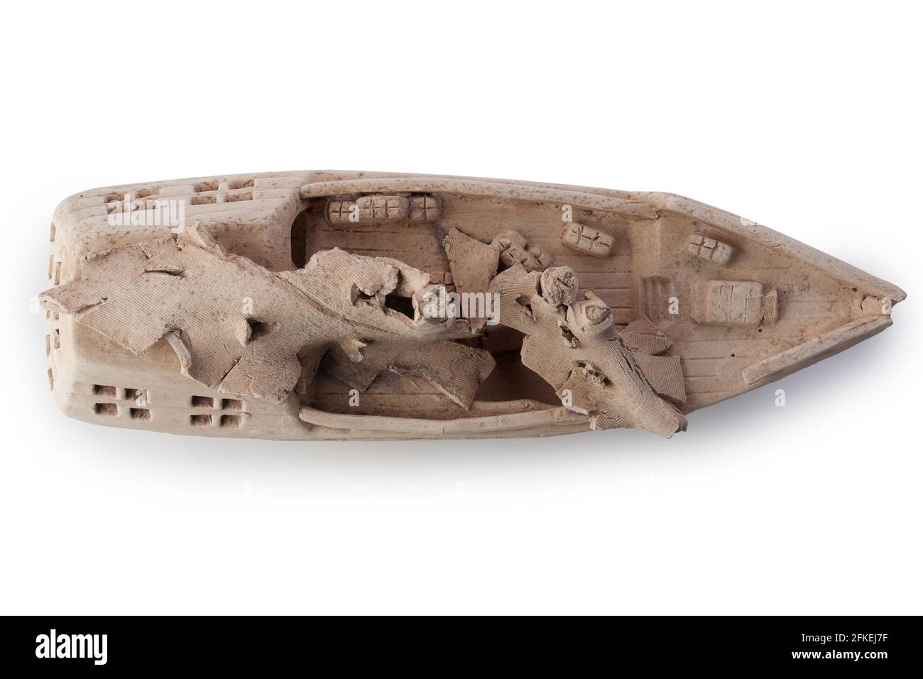 Sunken old ship isolated on white background. Decorative clay ship for ...