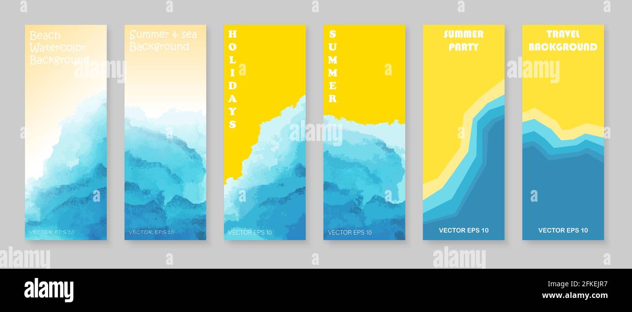 Watercolor sea background poster, card template. Summer beach vector ...