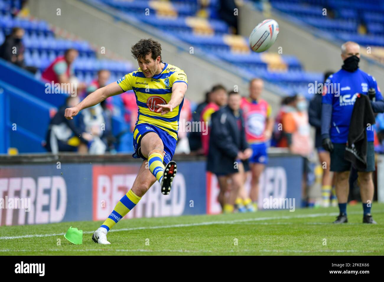 Stefan Ratchford (1) of Warrington Wolves successfully kicks a ...