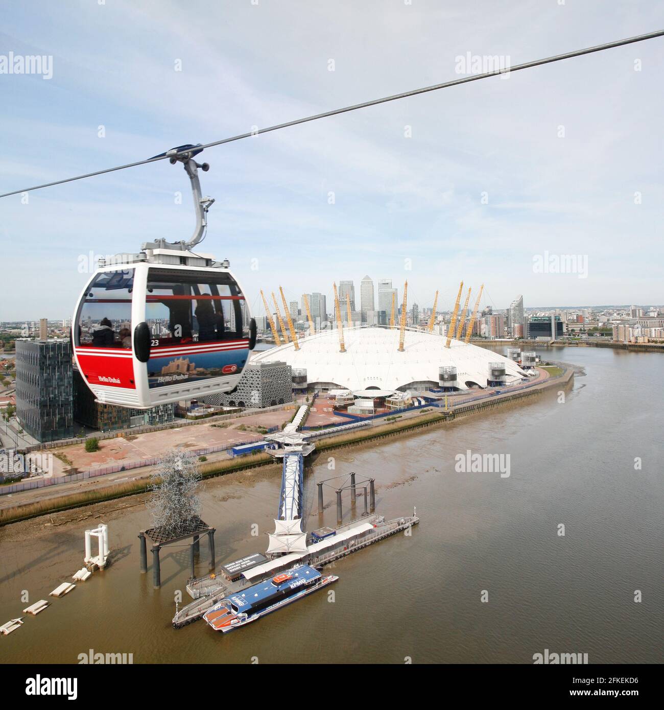 LONDON - MAY 26: Gondolas of the Emirates Air Line cable car, opened ...