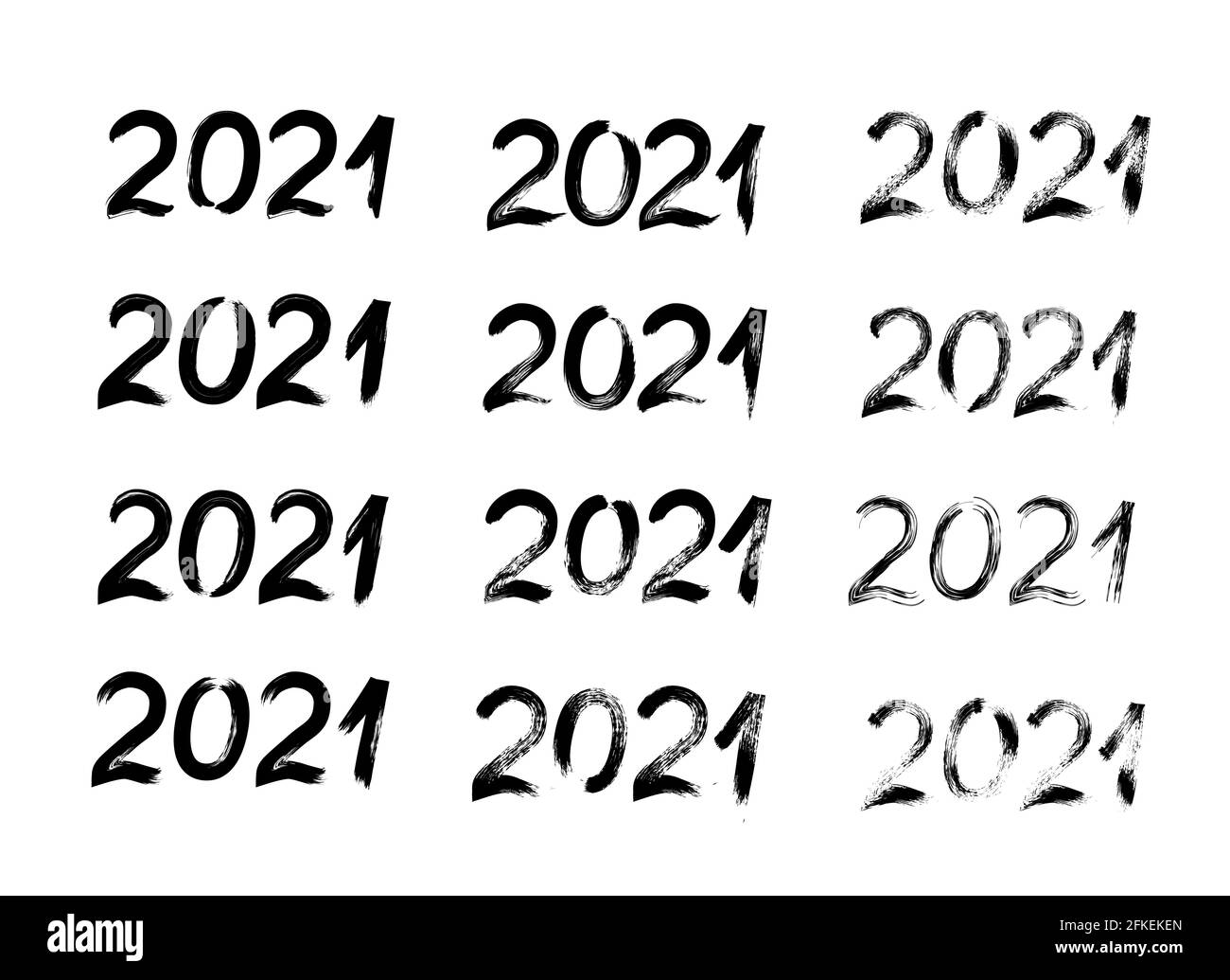 2021 Hand drawn numbers with brush isolated on white. Vector set of 12 ...