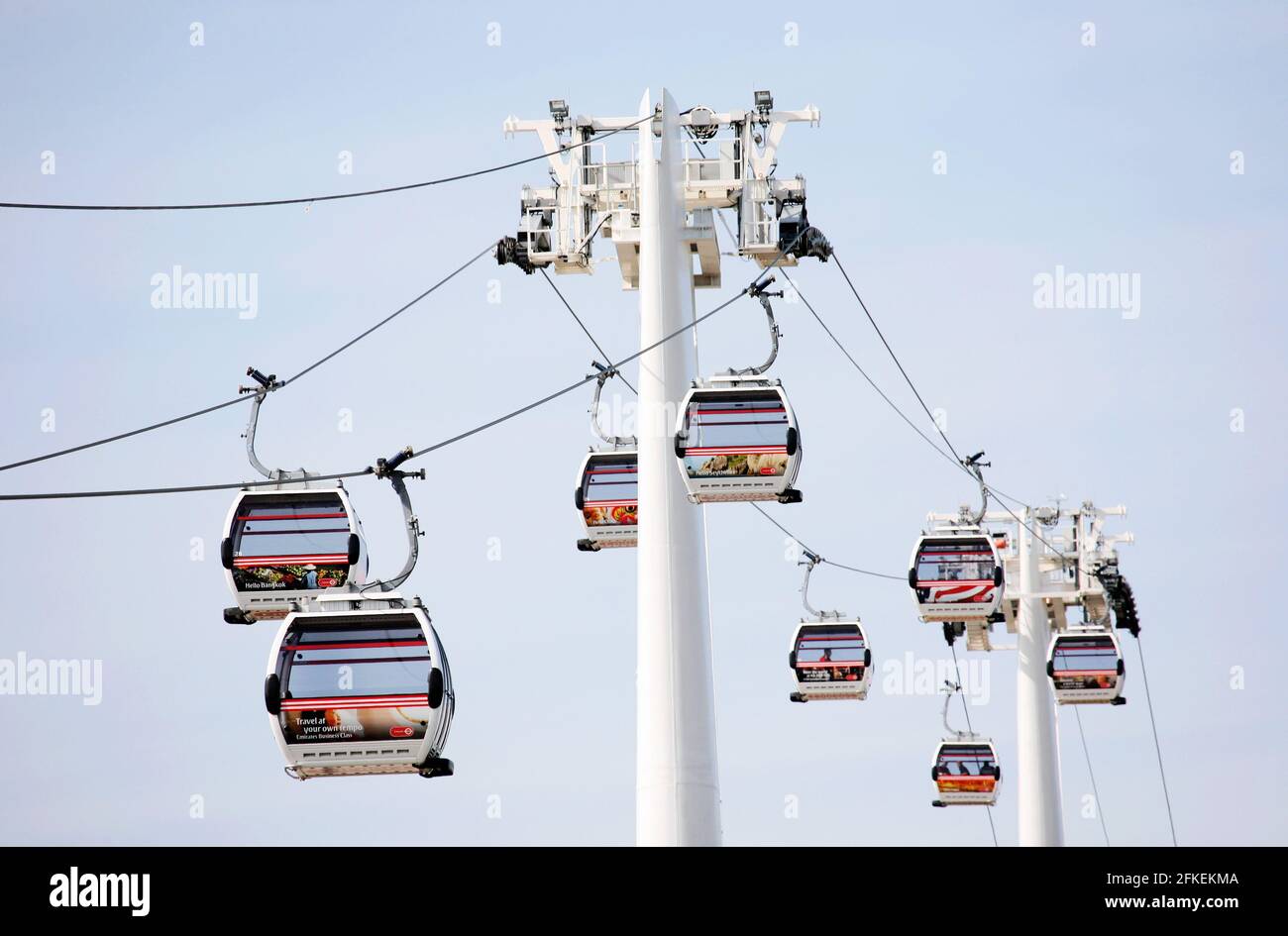 LONDON - MAY 26: Gondolas of the Emirates Air Line cable car, opened ...
