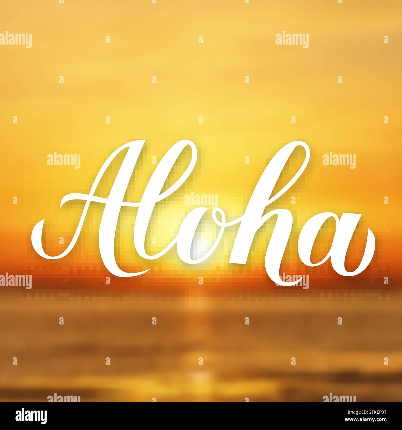 Aloha calligraphy lettering on bright background with sunset over the ...