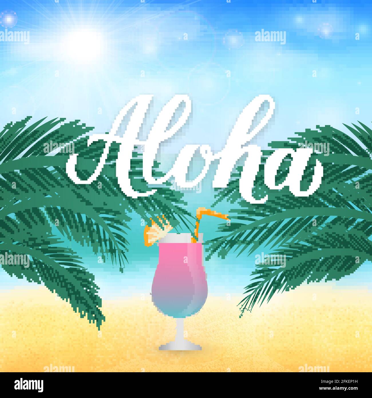 Aloha calligraphy lettering. Blurred vector background with sea, palms ...