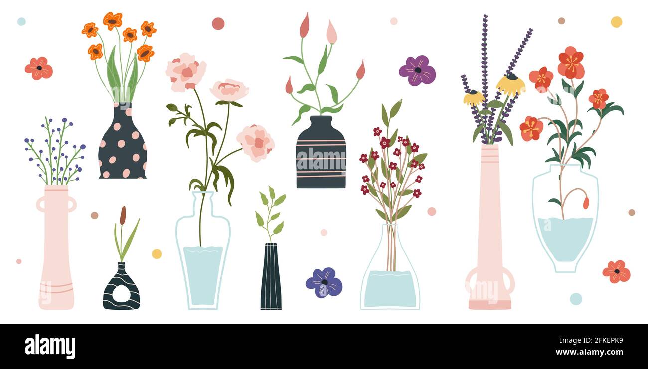 Set of bright spring flowers in vases and bottles isolated on a white ...