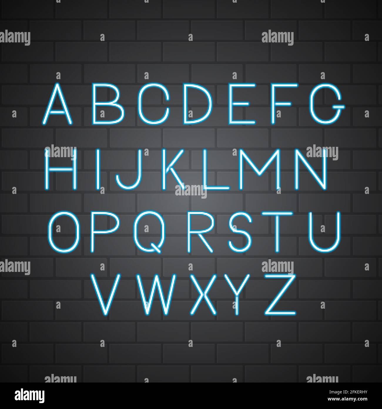 Neon light blue vector alphabet on brick wall background. Sans serif ...